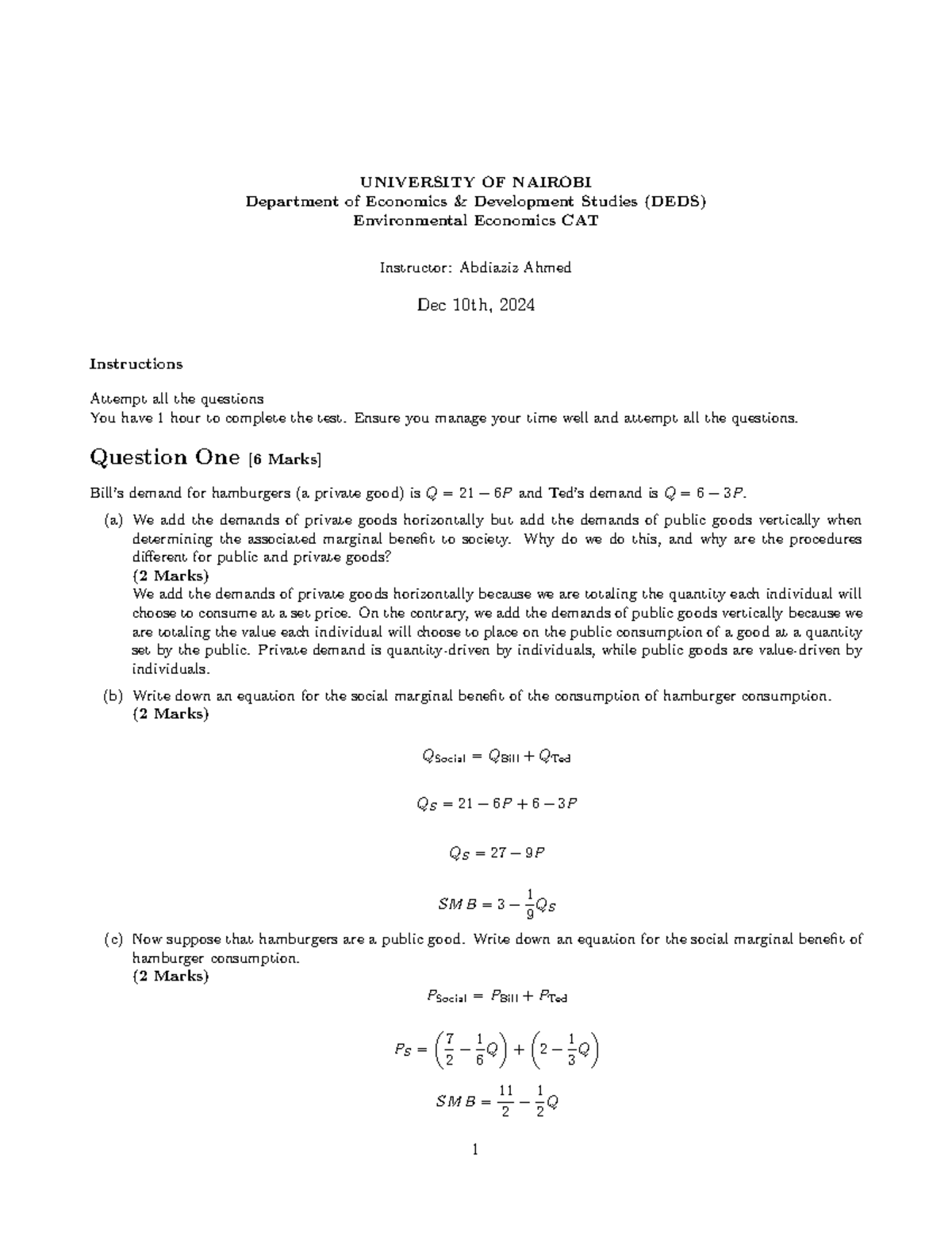 Environmental Economics CAT (DEDS) Practice Questions - University of ...