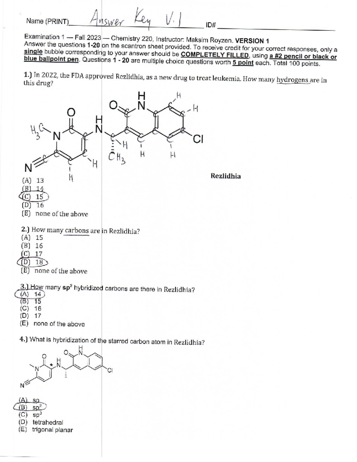 ACHM220 Fall 2023 Exam 1 Version 1 Answer Key - Studocu