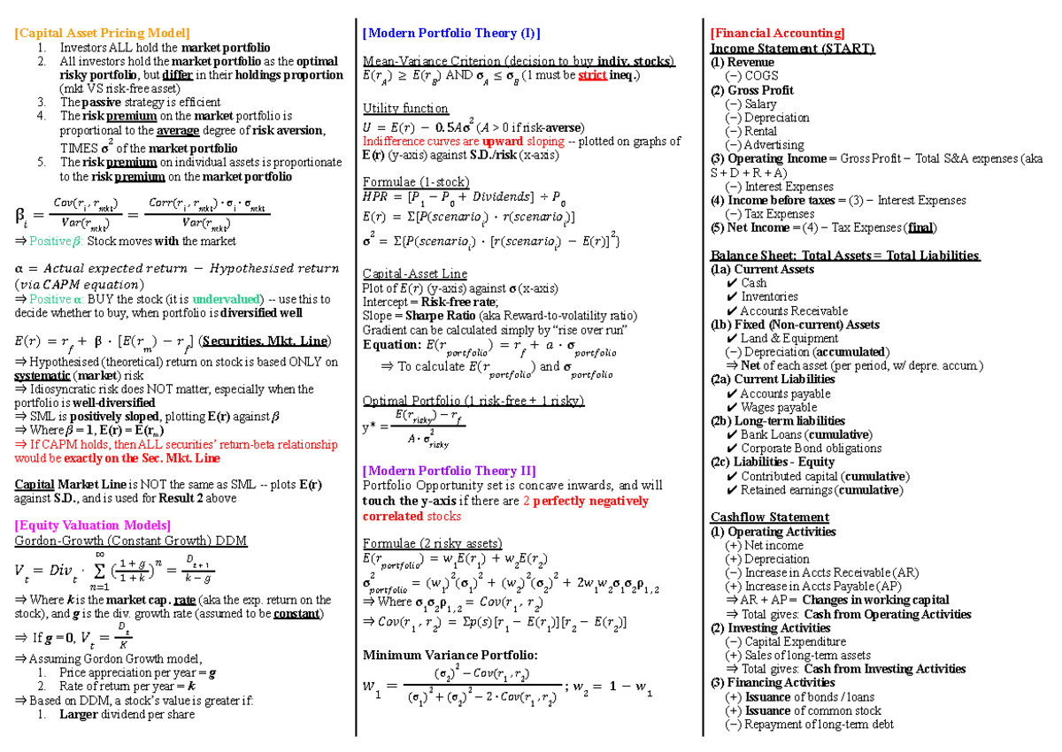 HE3007 Finance Cheat Sheet: Key Models & Concepts Explained - Studocu