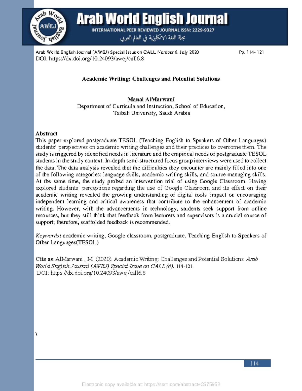 SSRN-id3675952 - Eyee edjd - 114 Arab World English Journal (AWEJ ...