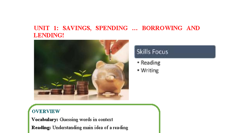 UNIT 1: SAVINGS, SPENDING, BORROWING & LENDING OVERVIEW - Studocu