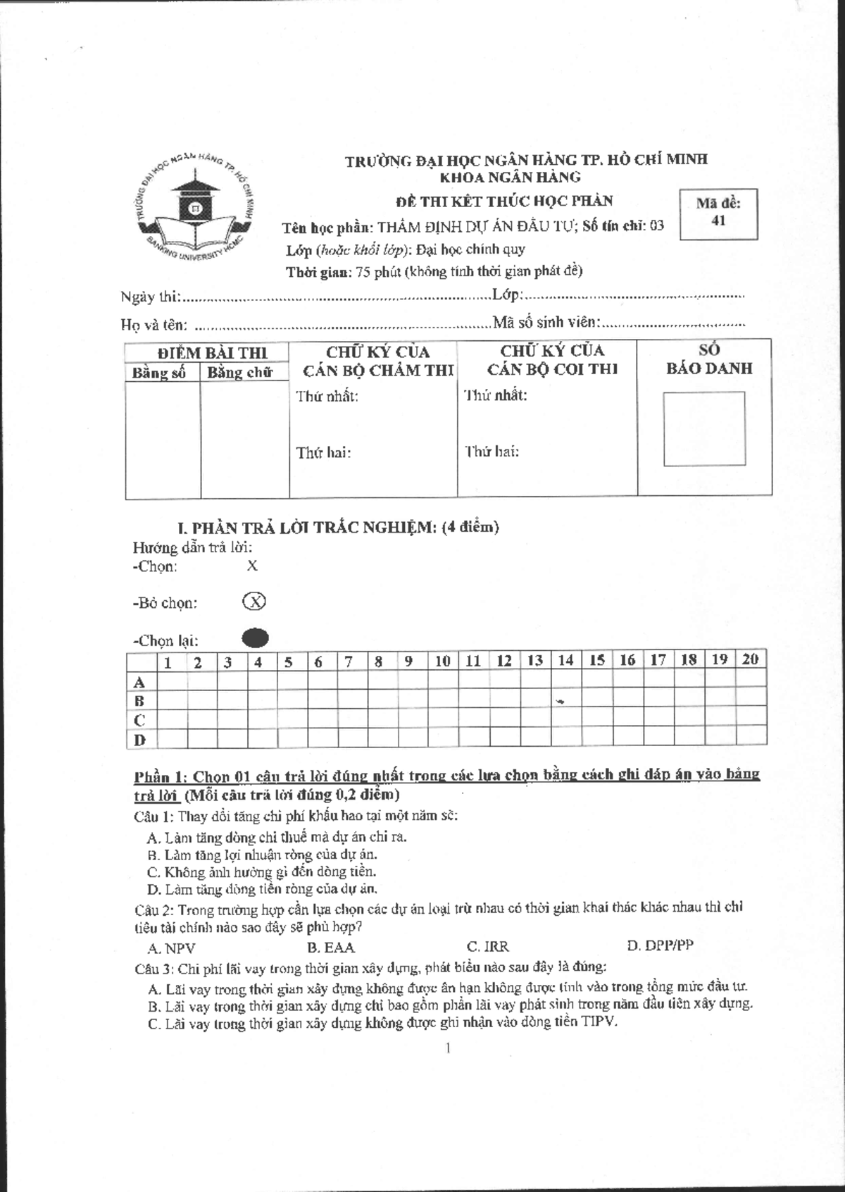 De thi Tham dinh du an 1 - de thi tham dinh du an nam 2020 - Thẩm định ...