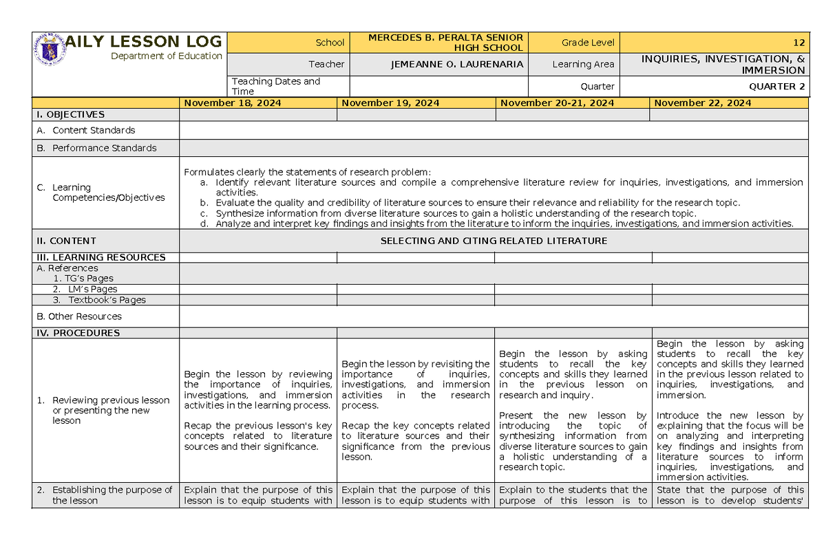 DAILY LESSON LOG: INQUIRIES & LITERATURE REVIEW (Grade 12, Q2) - Studocu