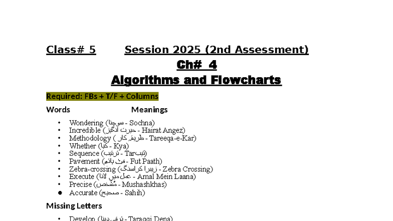 Class 5 - Chapter 4 & 5: Algorithms and Flowcharts Notes - Studocu