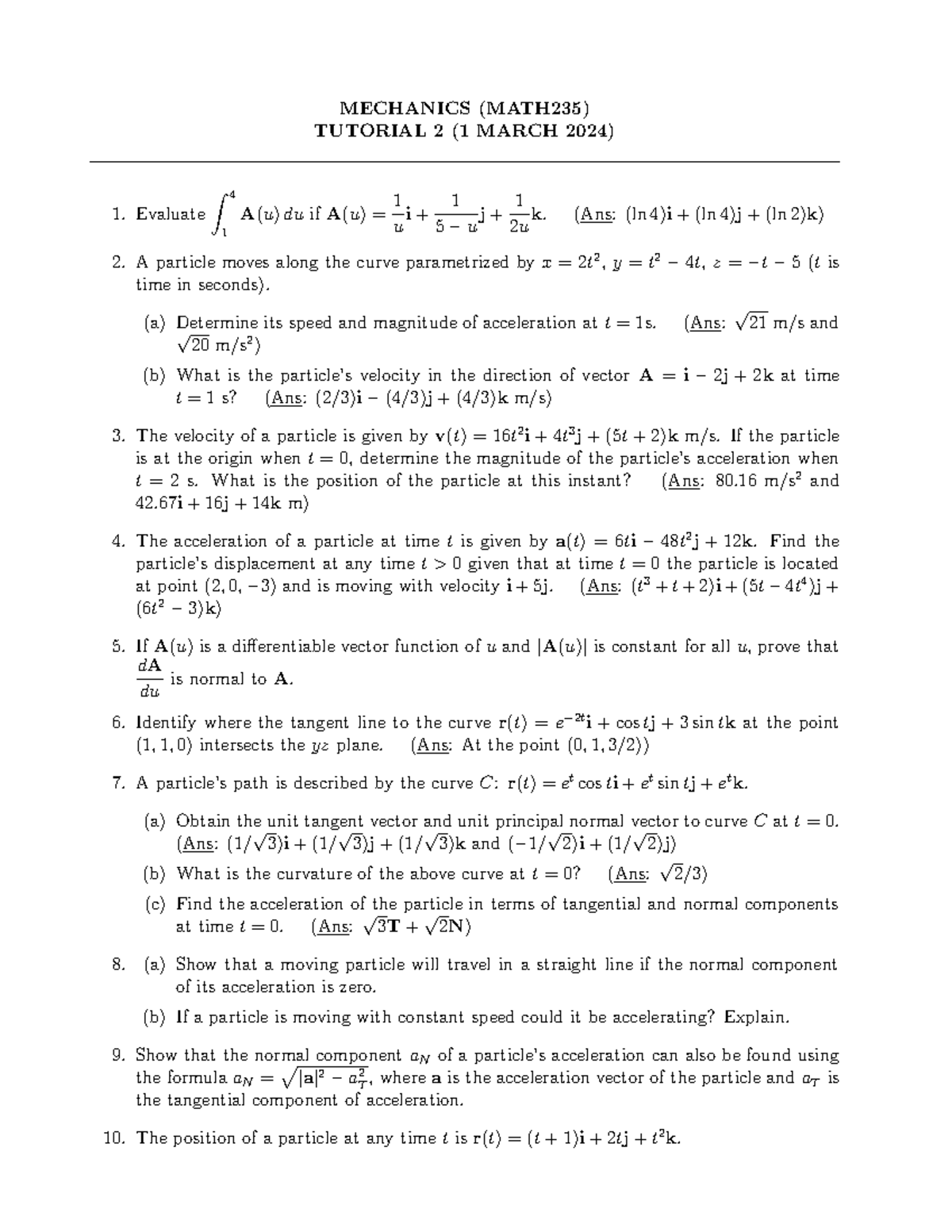 Tutorial 2 203ebef6327cb5a34ad242c0d89dfae9 - MECHANICS (MATH235 ...