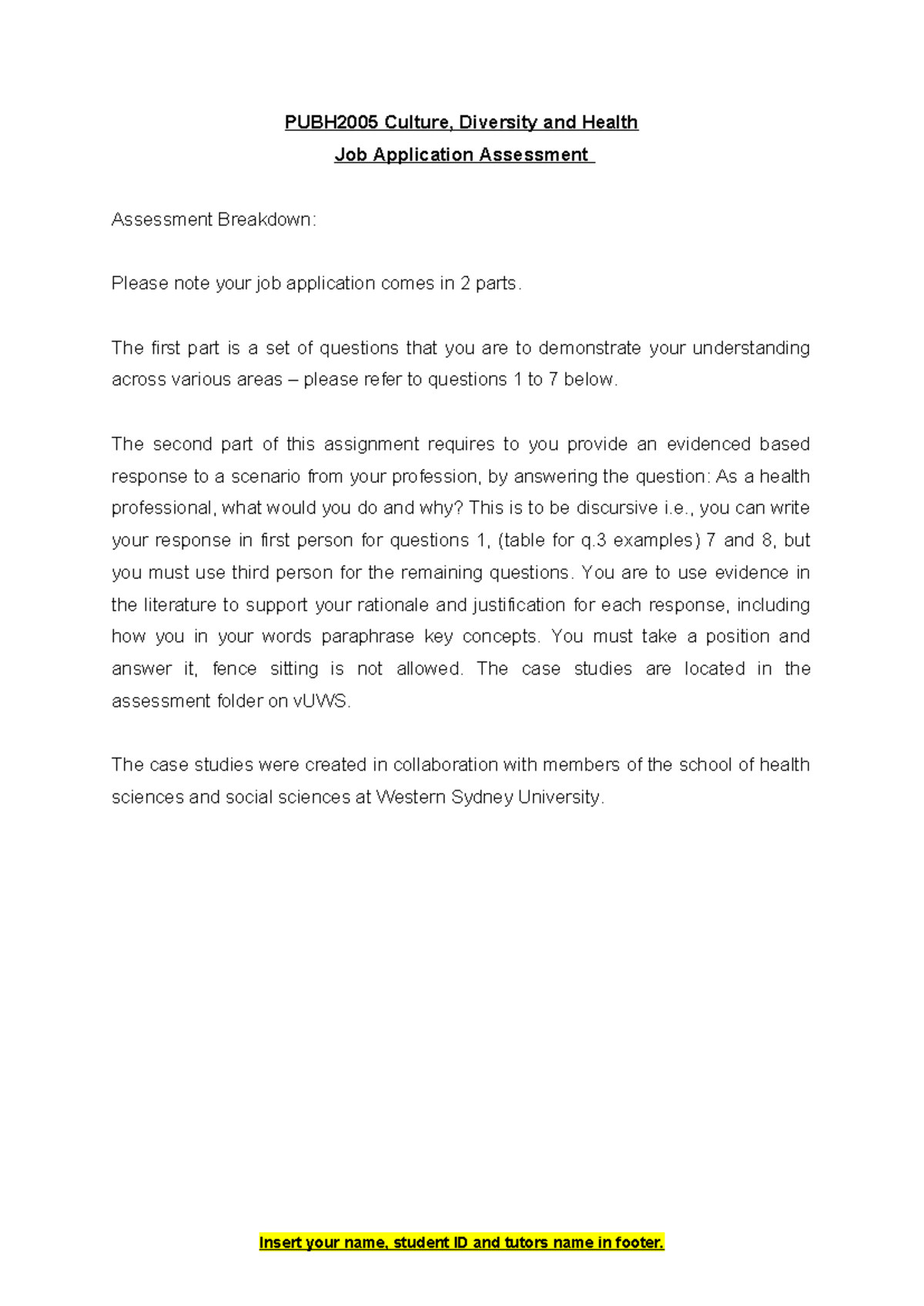 PUBH2005 Job Application Assessment: Cultural Liaison Position Guide ...