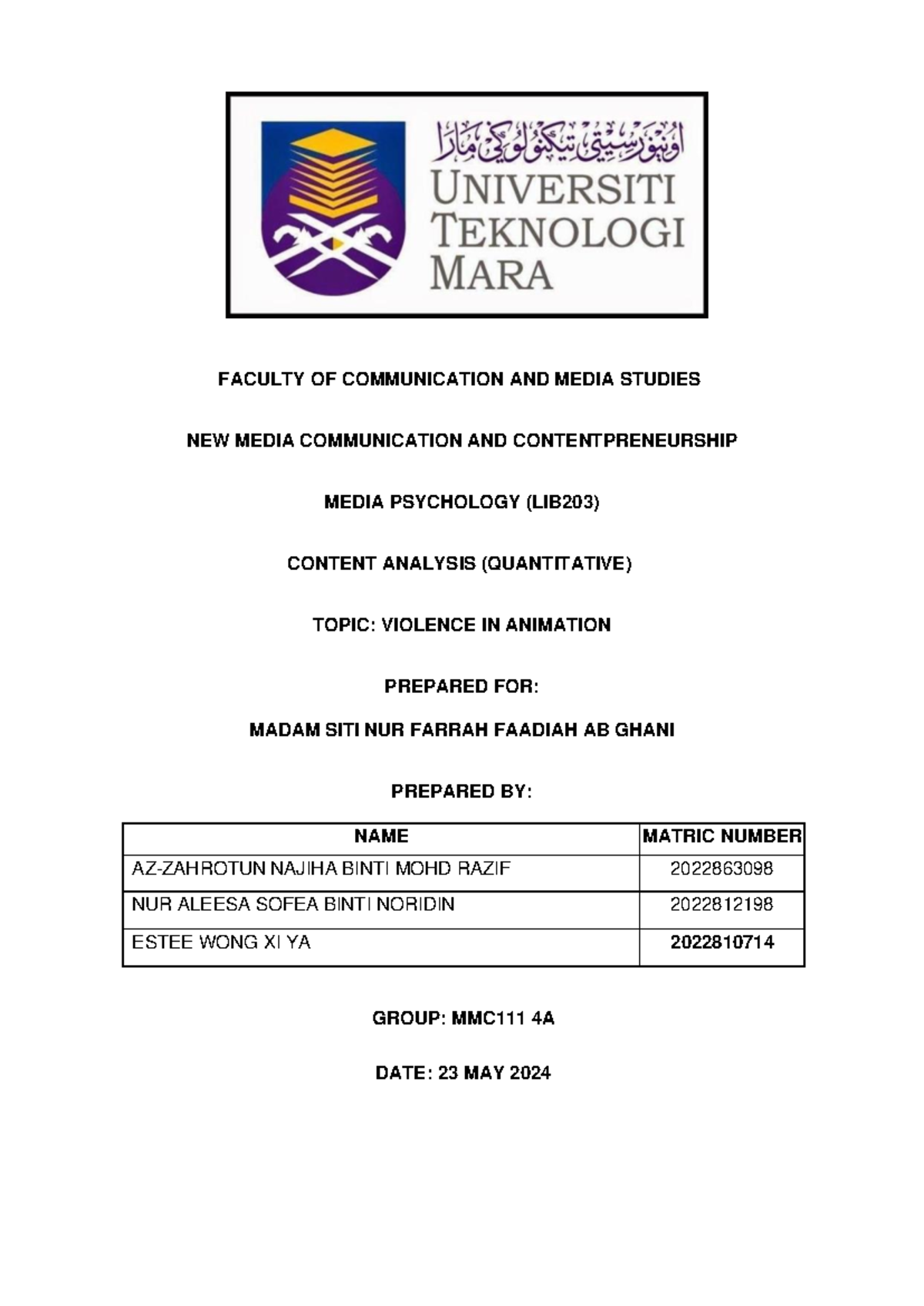 LIB203 Final Exam: Animation & Social Media Violence Analysis - Studocu