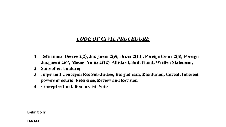 CODE OF CIVIL PROCEDURE: Key Definitions and Concepts - Studocu