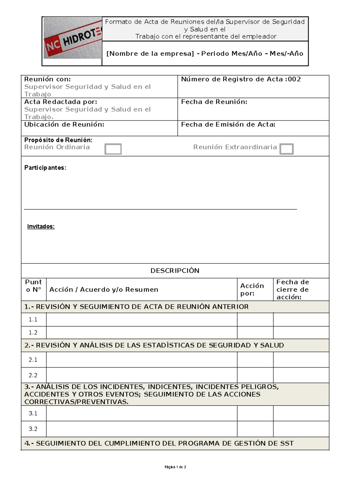Formato de Actas de Reunión Supervisor SST - Seguridad y Salud - Studocu