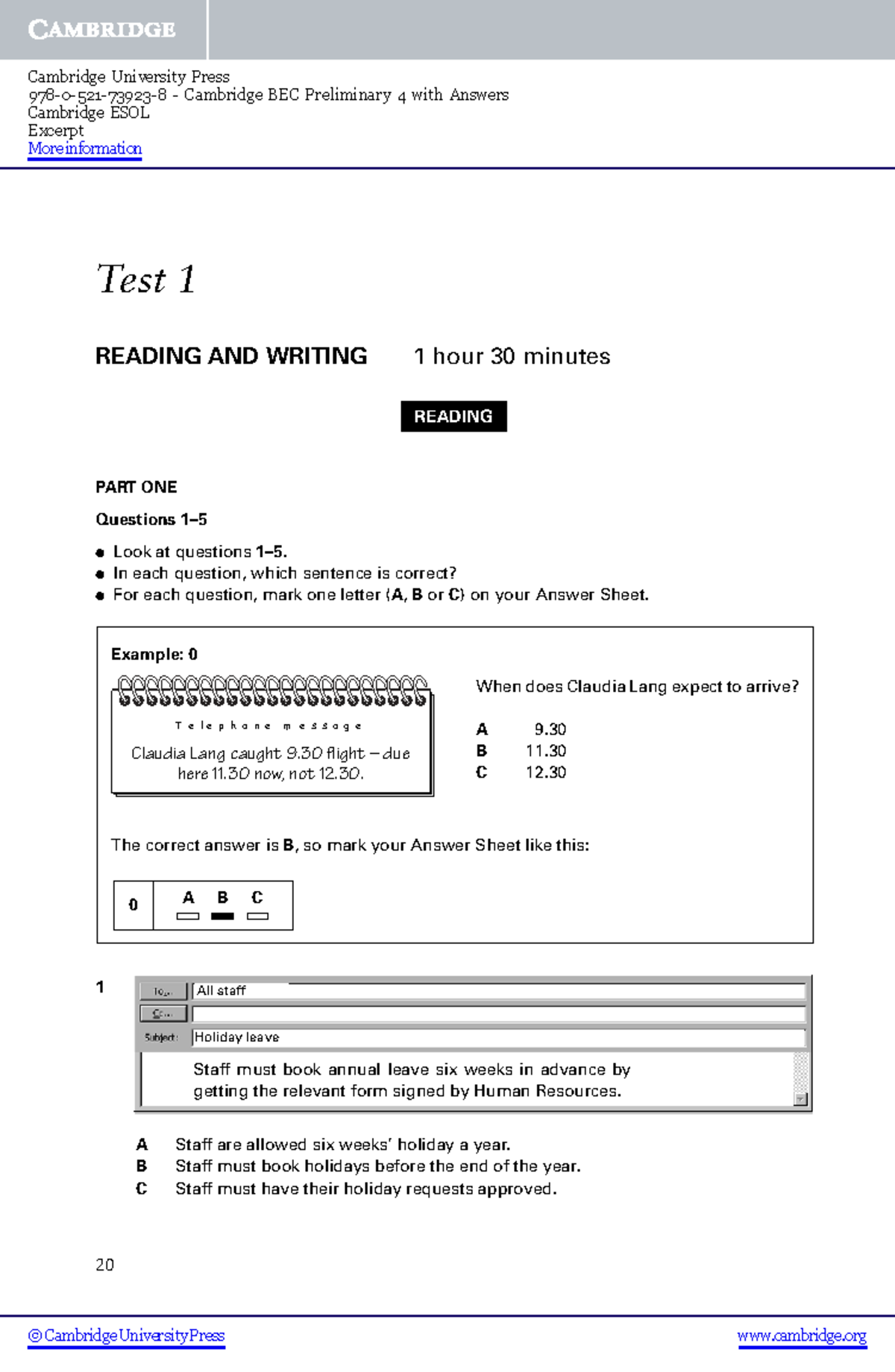 Cambridge BEC Preliminary 4 Test 1 Reading & Writing Excerpt Analysis ...