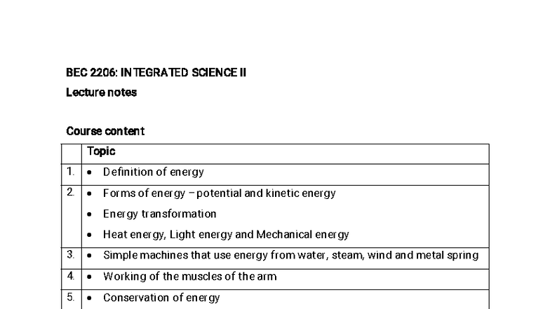 BEC2206: Integrated Science II - Lecture Notes on Energy Concepts - Studocu