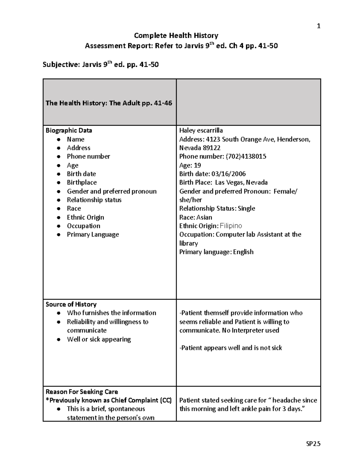 Complete Health History Assessment Report SP25: Jarvis 9th Ed. Ch 4 ...