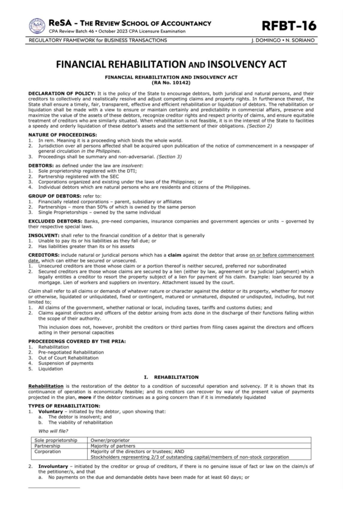 ReSA CPA Review Batch 46: Financial Rehabilitation & Insolvency Act ...
