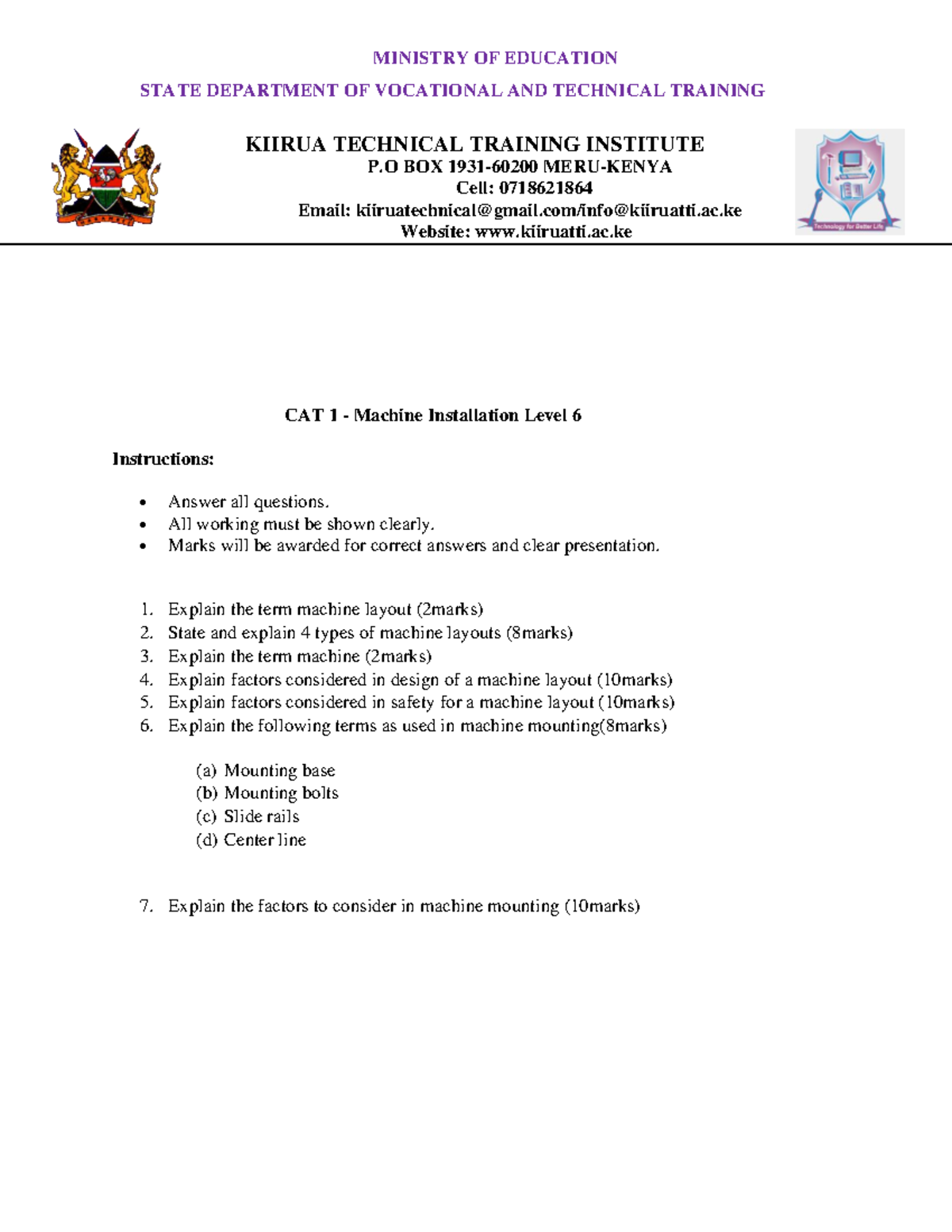Machine Installation CAT 1 Level 6 Exam Instructions and Questions ...