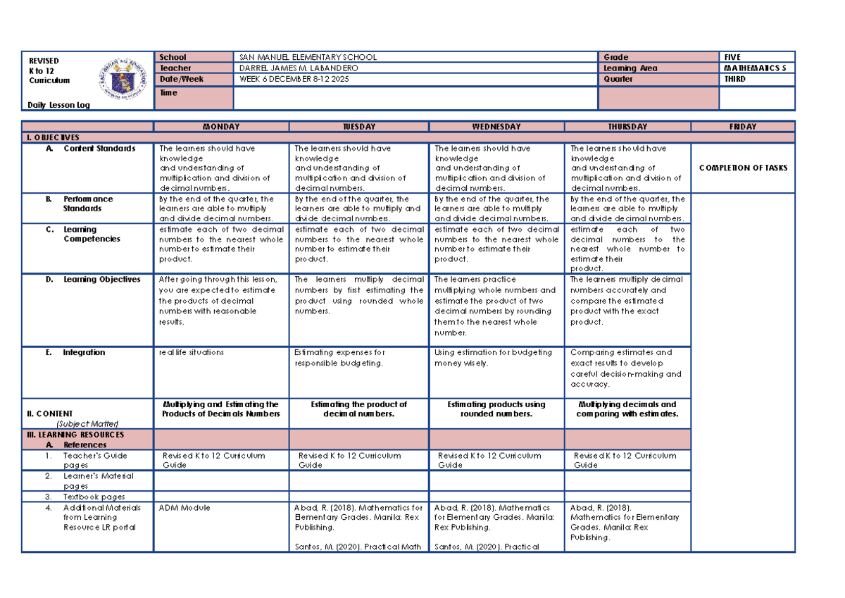 Mathematics 5 Daily Lesson Log: Estimating & Multiplying Decimals - Studocu