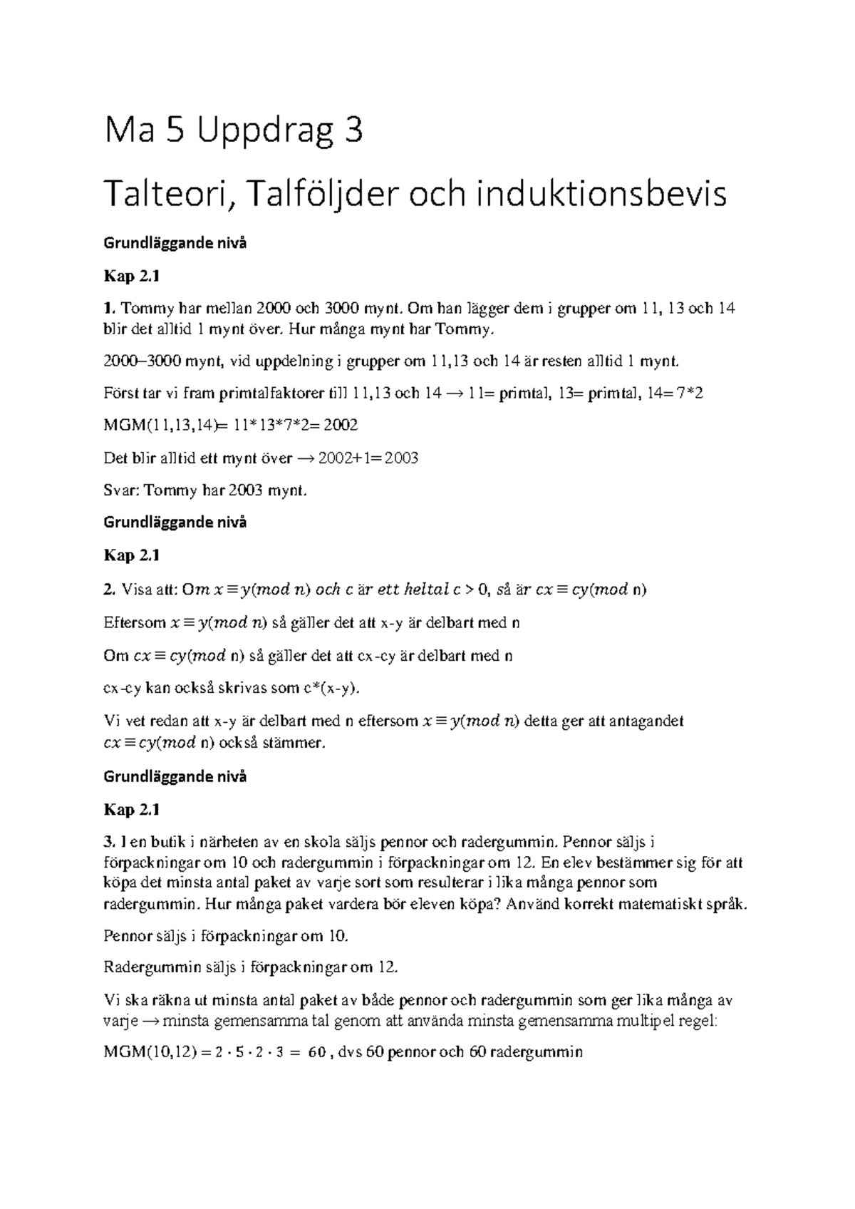 Ma 5 Uppdrag 3: Talteori och Induktionsbevis i Matematik 5 - Studocu