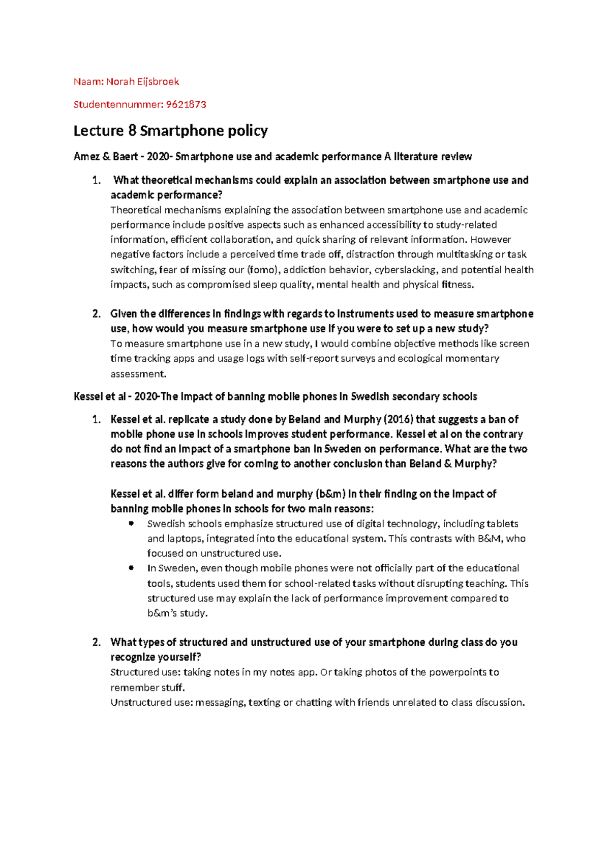 Lecture 8 Reading Questions: Smartphone Policy Insights - Studeersnel