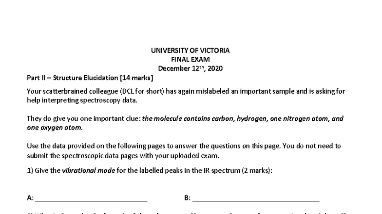 CHEM 231 Final Exam December 2020: Structure Elucidation & Mechanisms ...