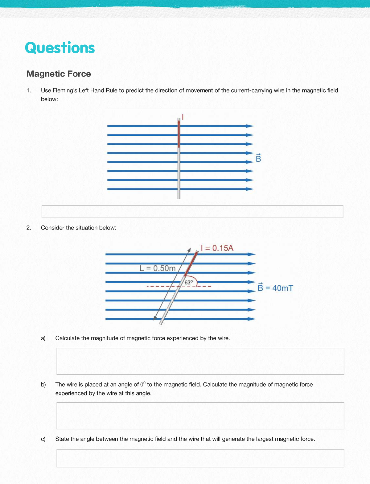 5.4.2 - Magnetic Force - Questions & Left Hand Rule Applications - Studocu
