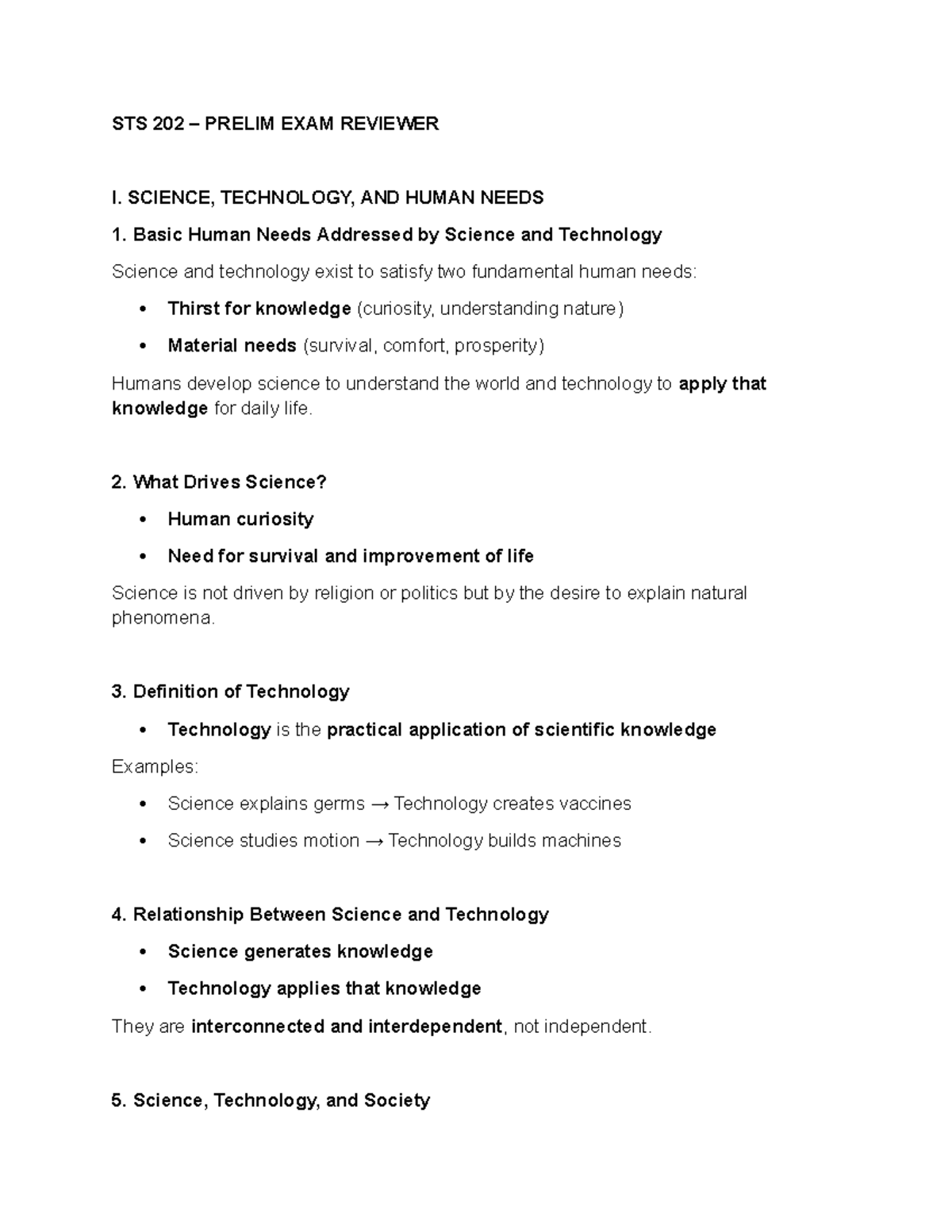 Prelim Exam Reviewer: STS 202 - Science, Technology, and Human Needs ...