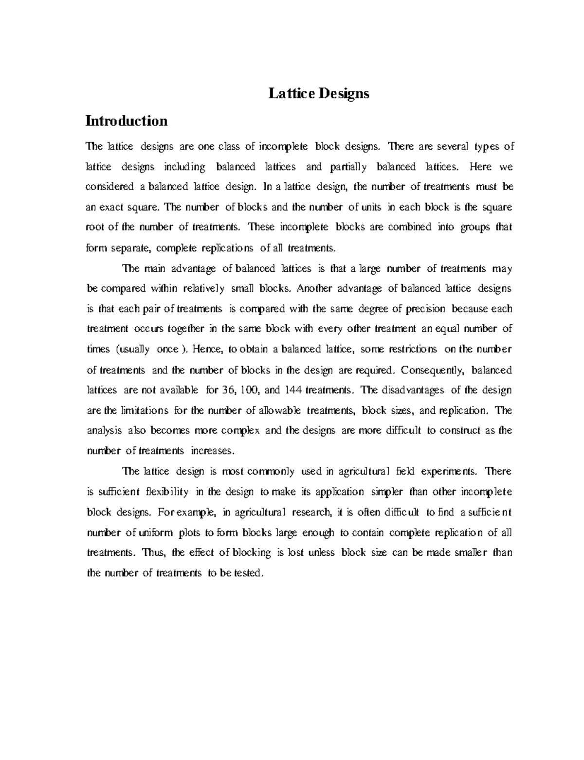 Balanced Lattice Designs: An Introduction to Incomplete Block Designs ...