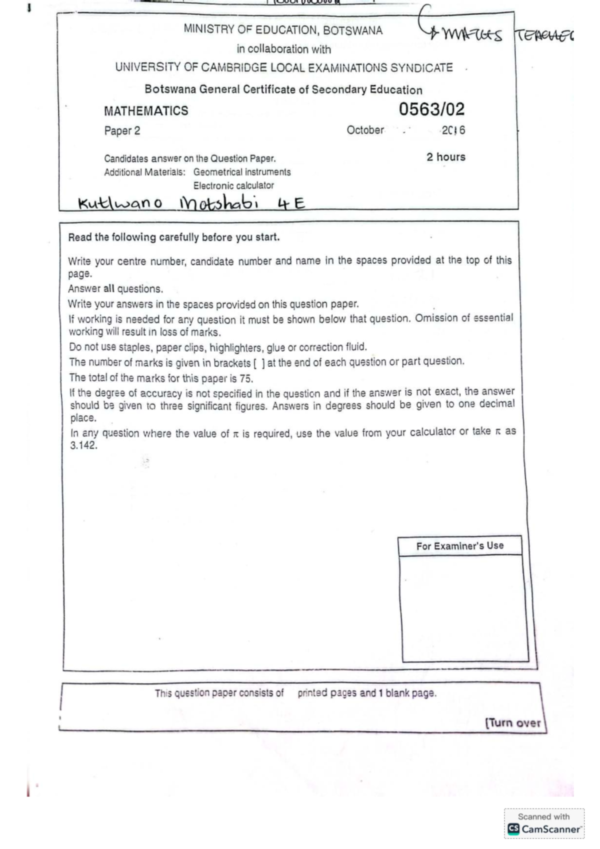 BGCSE Mathematics Paper 2 Exam October 2016 - Complete Question Guide ...