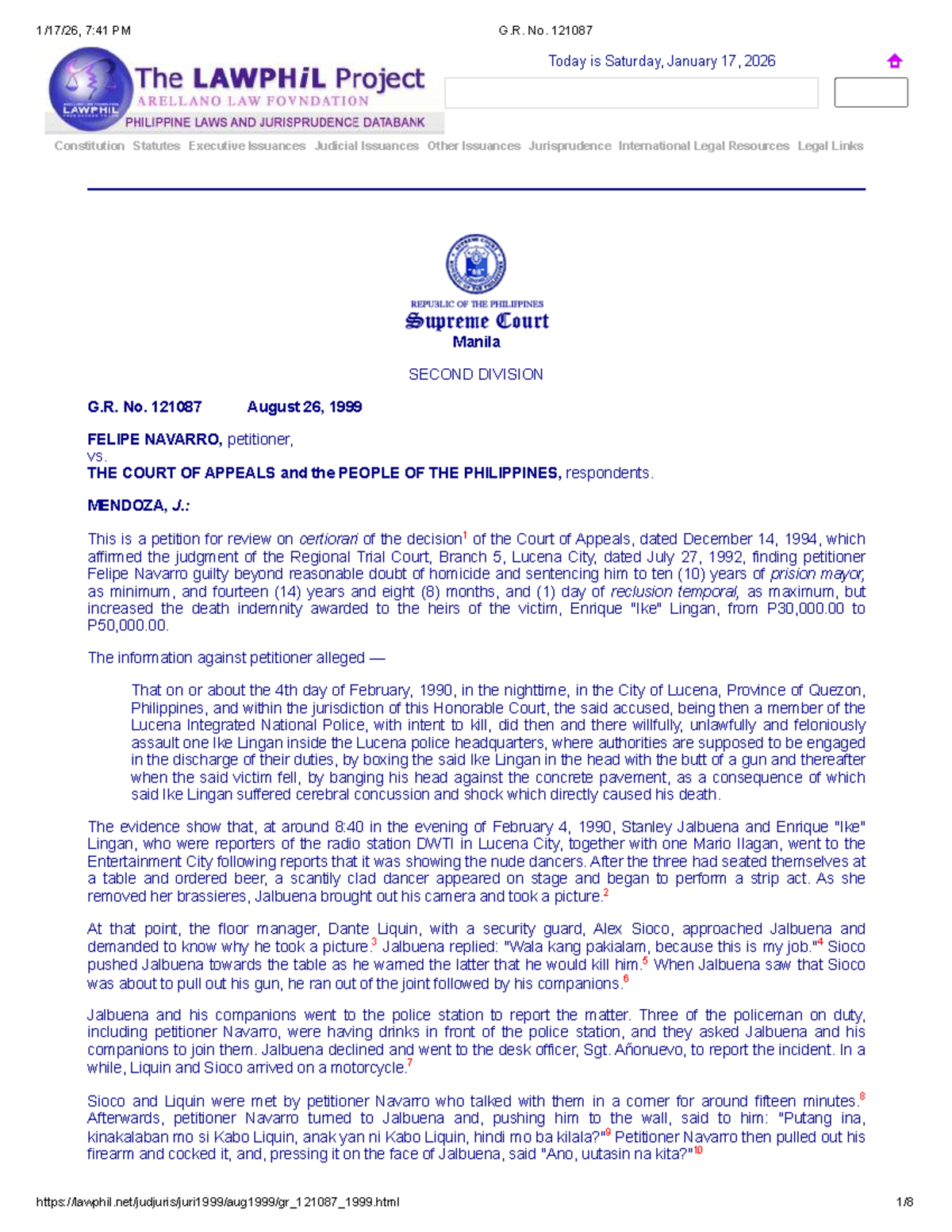 G.R. No. 121087: Review of Homicide Case Involving Felipe Navarro - Studocu