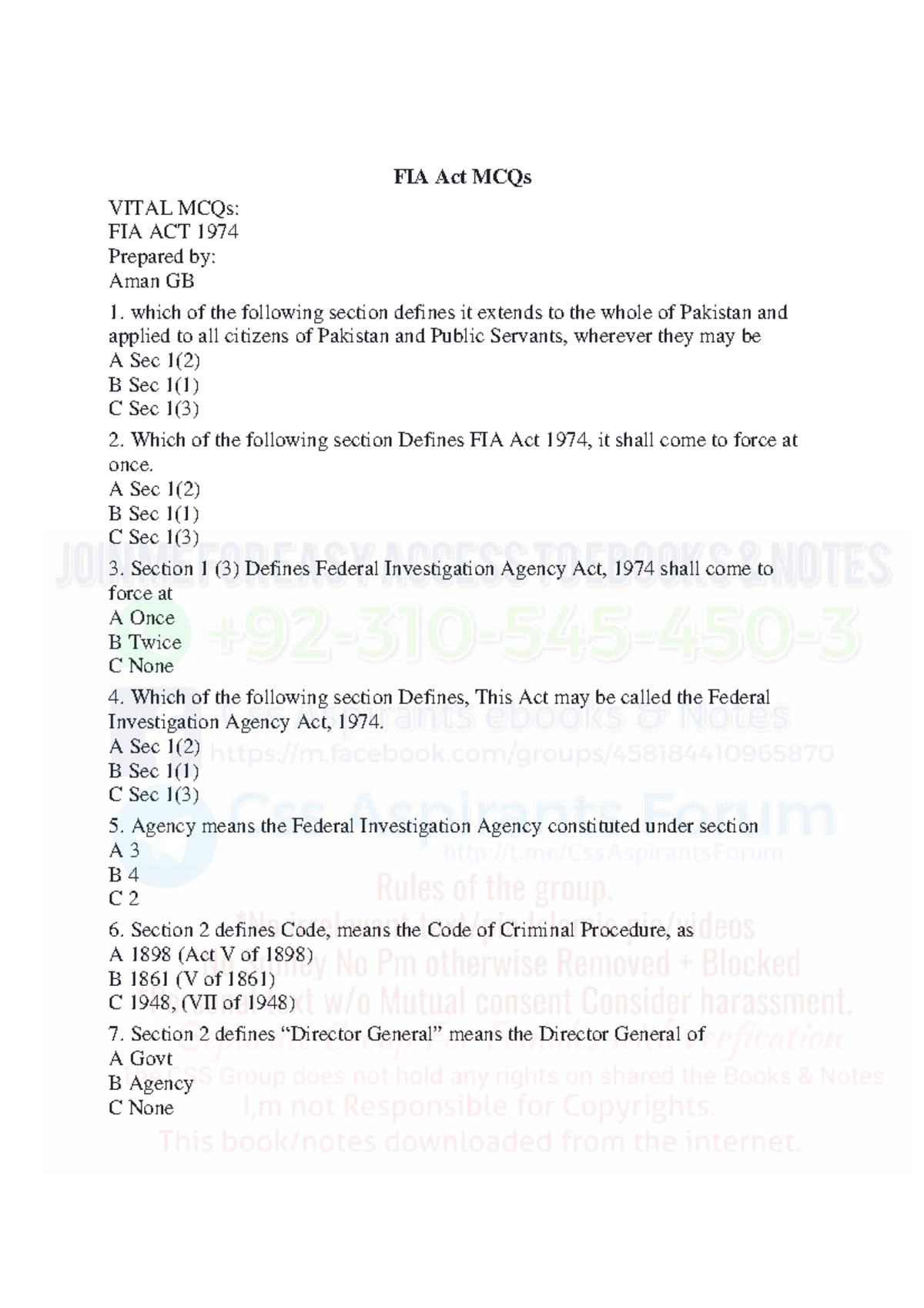FIA ACT 1974 MCQs: Comprehensive Guide for Exam Preparation - Studocu