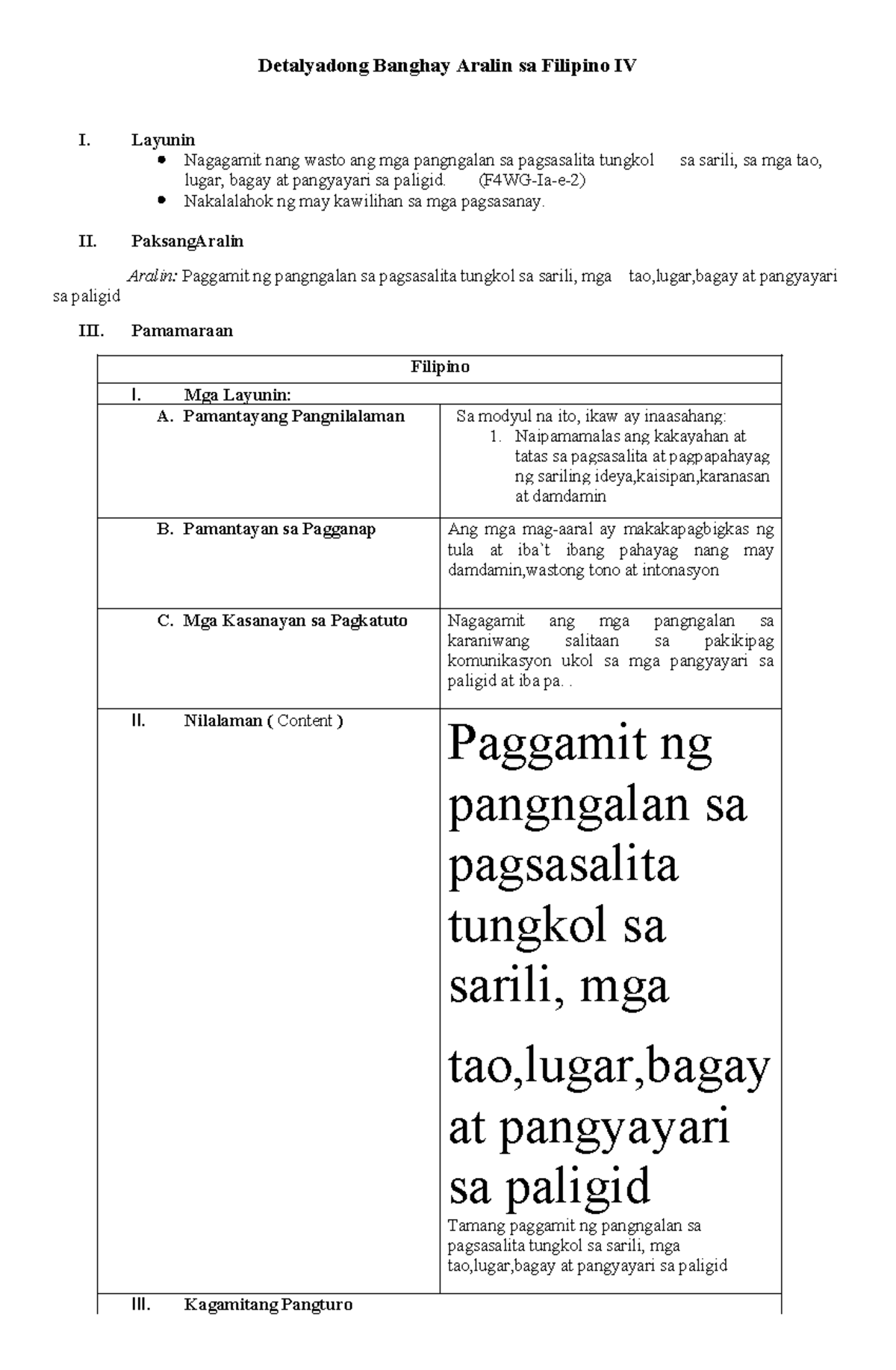 Banghay Aralin sa Paggamit ng Pangngalan - Filipino IV - Studocu