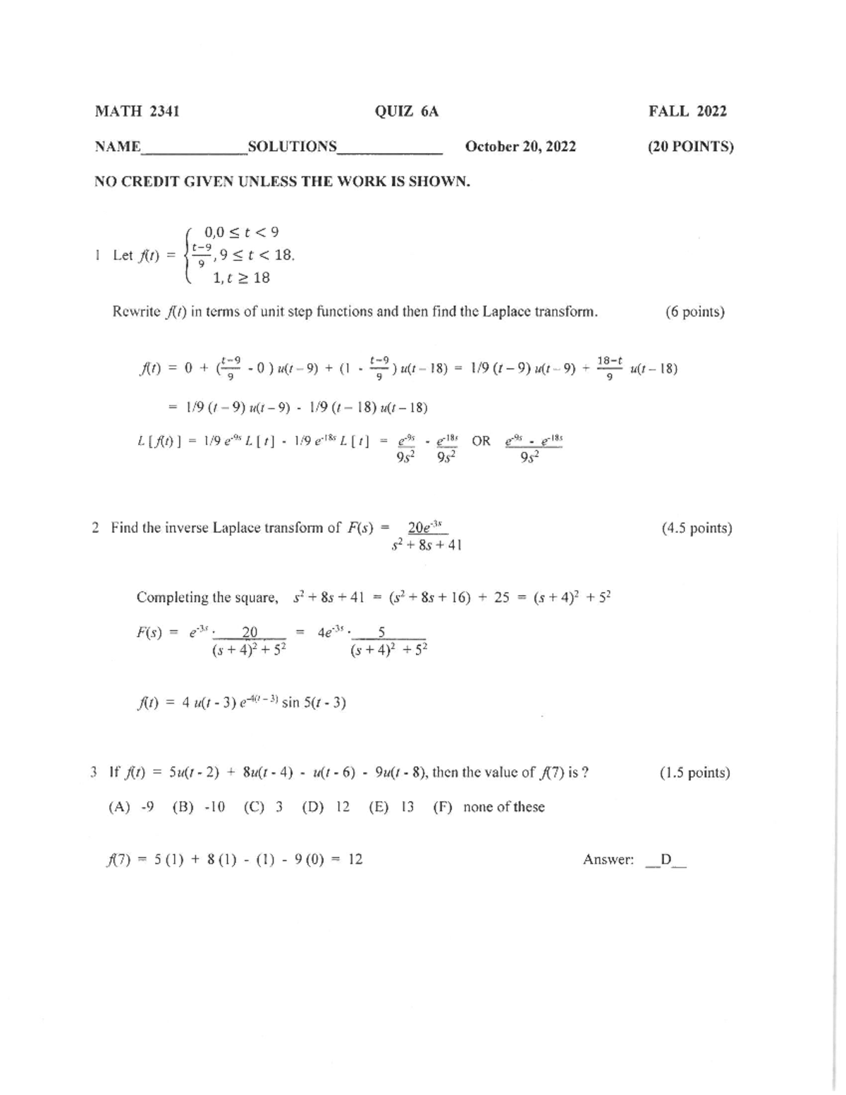 Quiz6Solutions FL 22 - Quiz solutions - MATH 2341 QUIZ 6A FALL 2022 ...