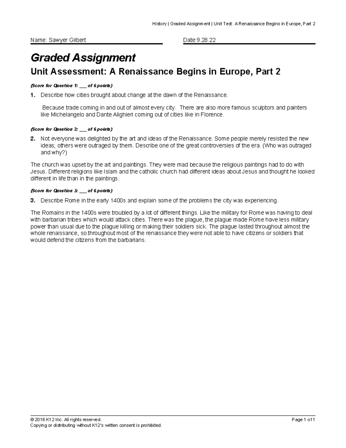 History Unit Test 2.6.3: The Renaissance's Impact on Europe - Studocu