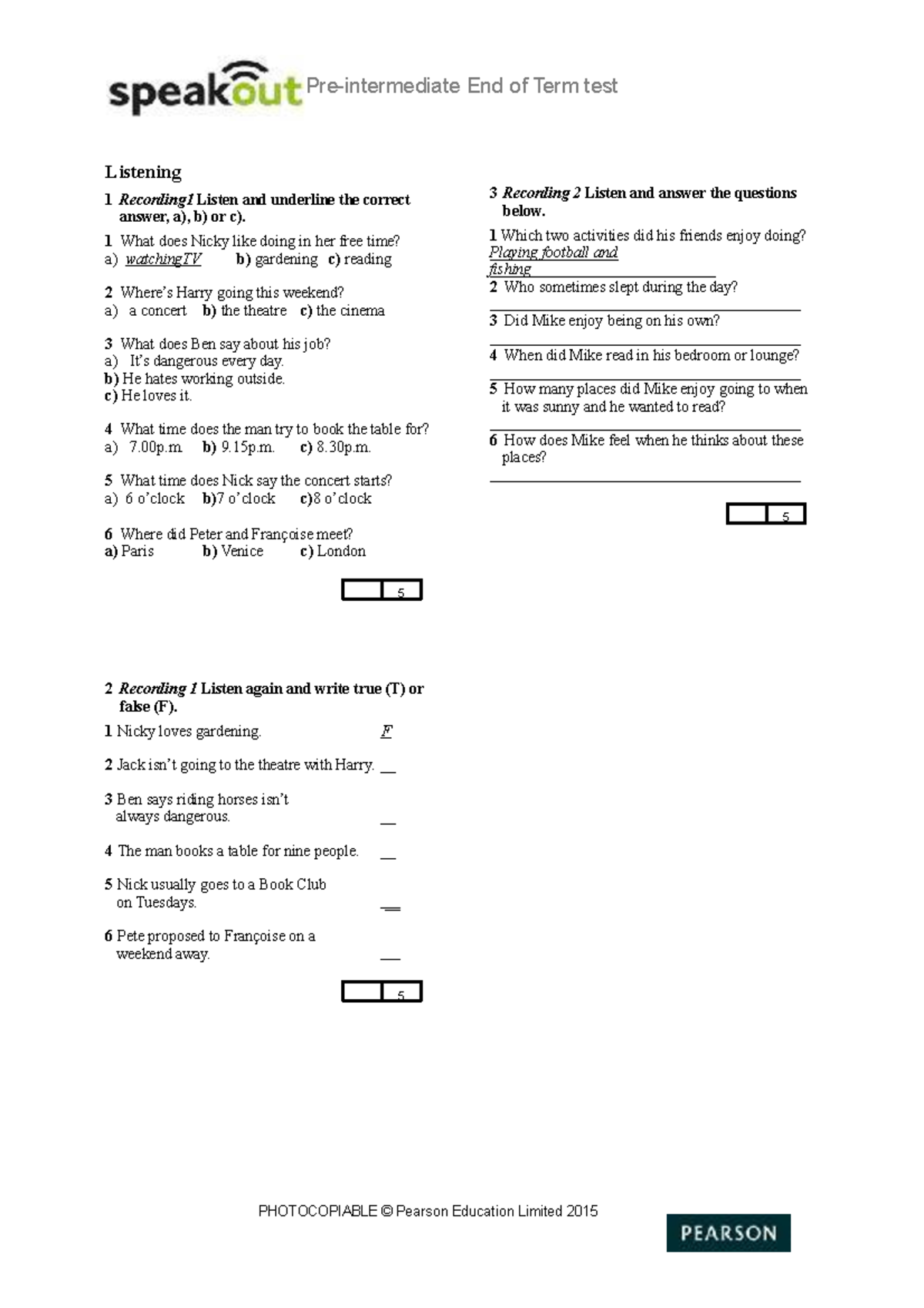 End of Term Test: Listening & Grammar Practice (Course Code: 9a0beaed ...