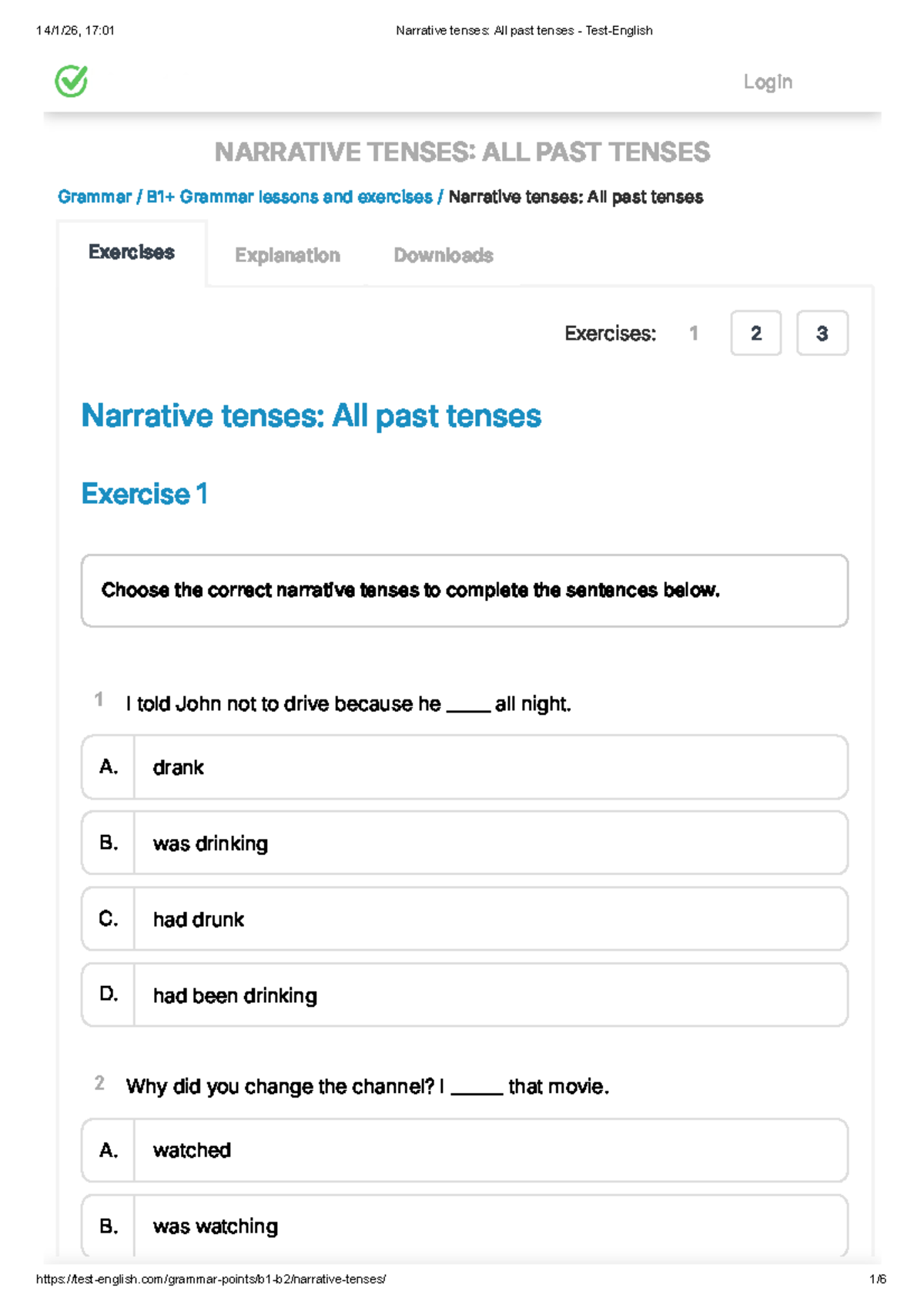 17:01 Narrative Tenses: Comprehensive Exercises and Tests - Studocu