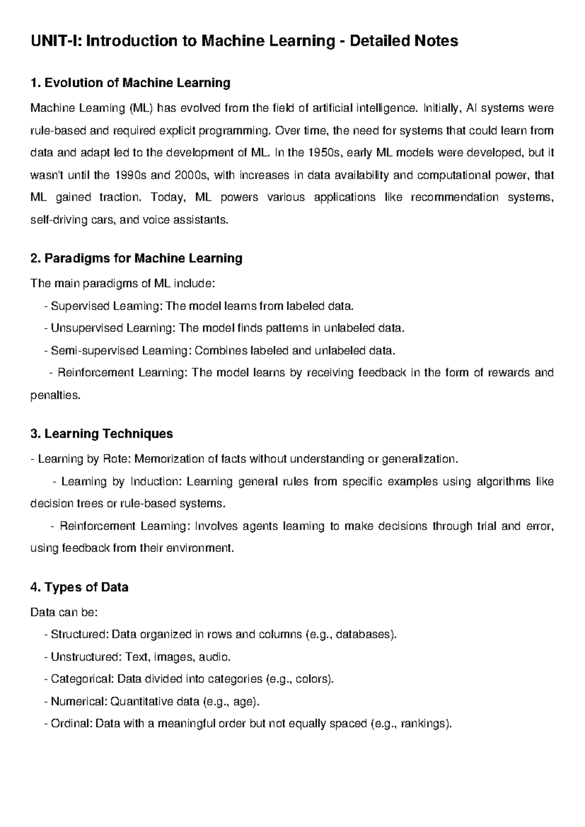 UNIT I Detailed Notes on Machine Learning Evolution and Techniques ...