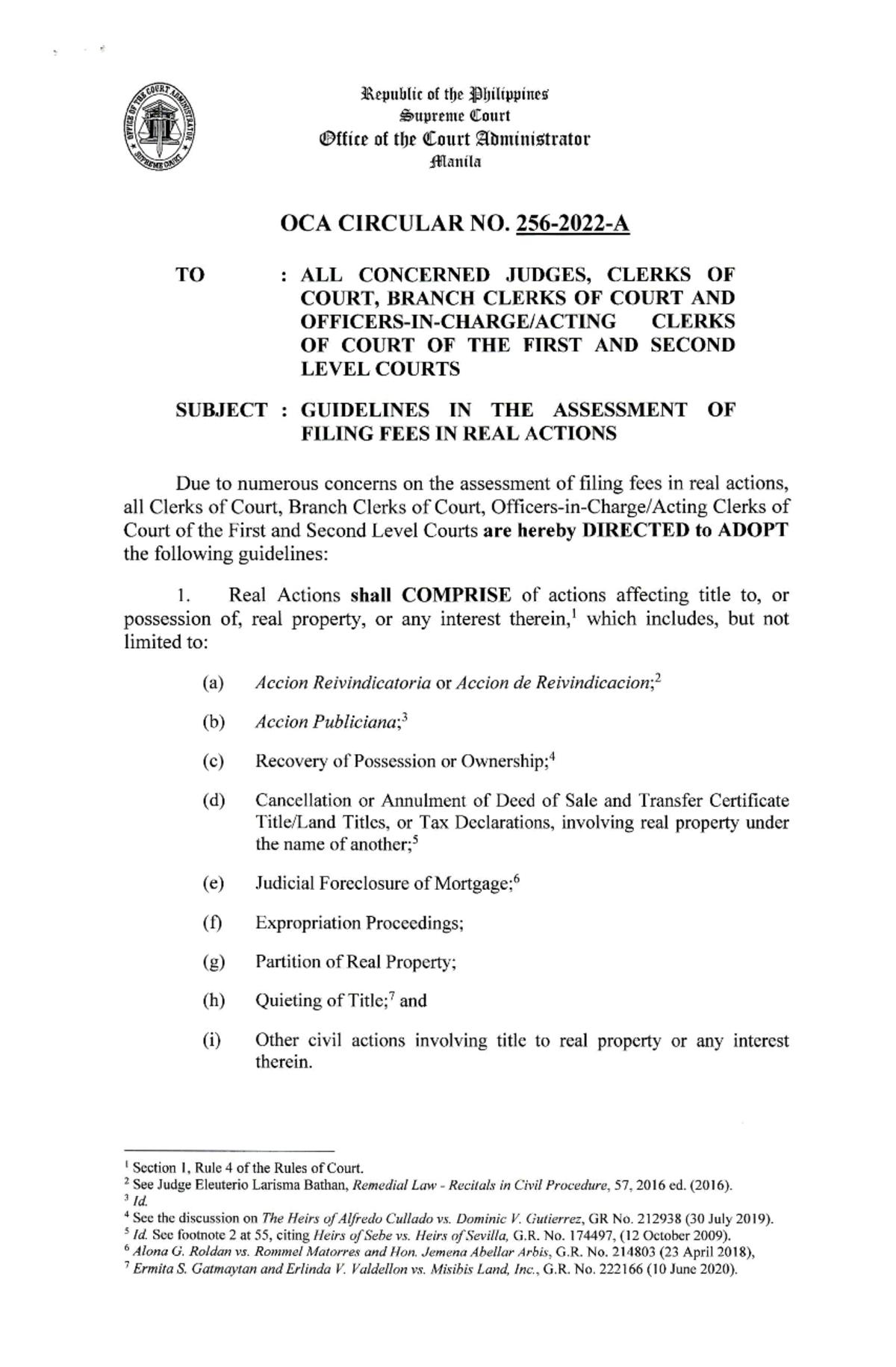 OCA Circular No. 256-2022-A: Guidelines for Filing Fees in Real Actions ...
