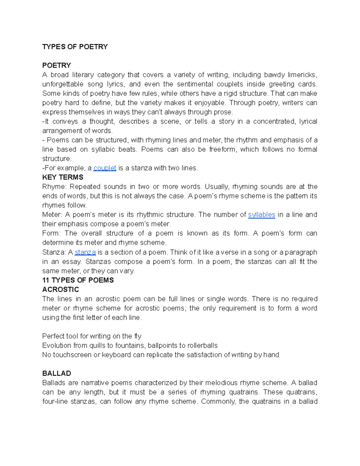 Types of Poetry: Understanding Forms, Styles, and Devices - Studocu