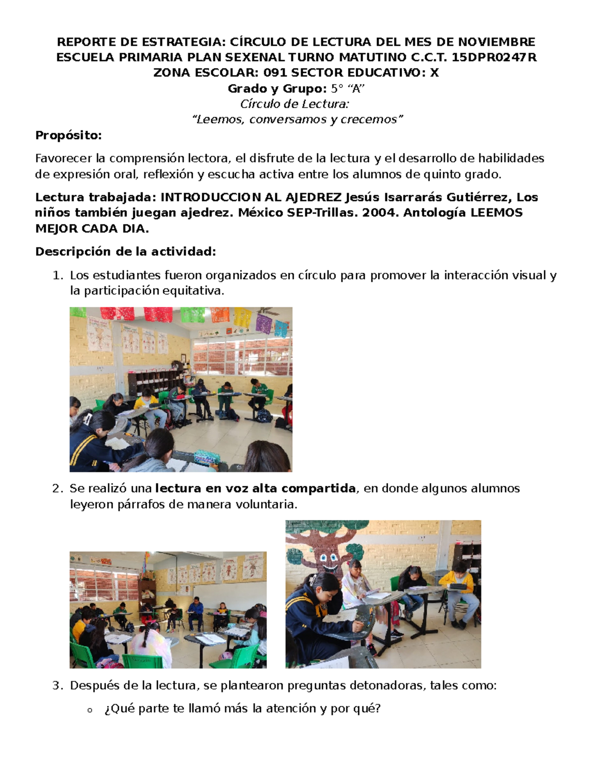 REPORTE DE ESTRATEGIA: CÍRCULO DE LECTURA QUINTO GRADO C.C.T ...