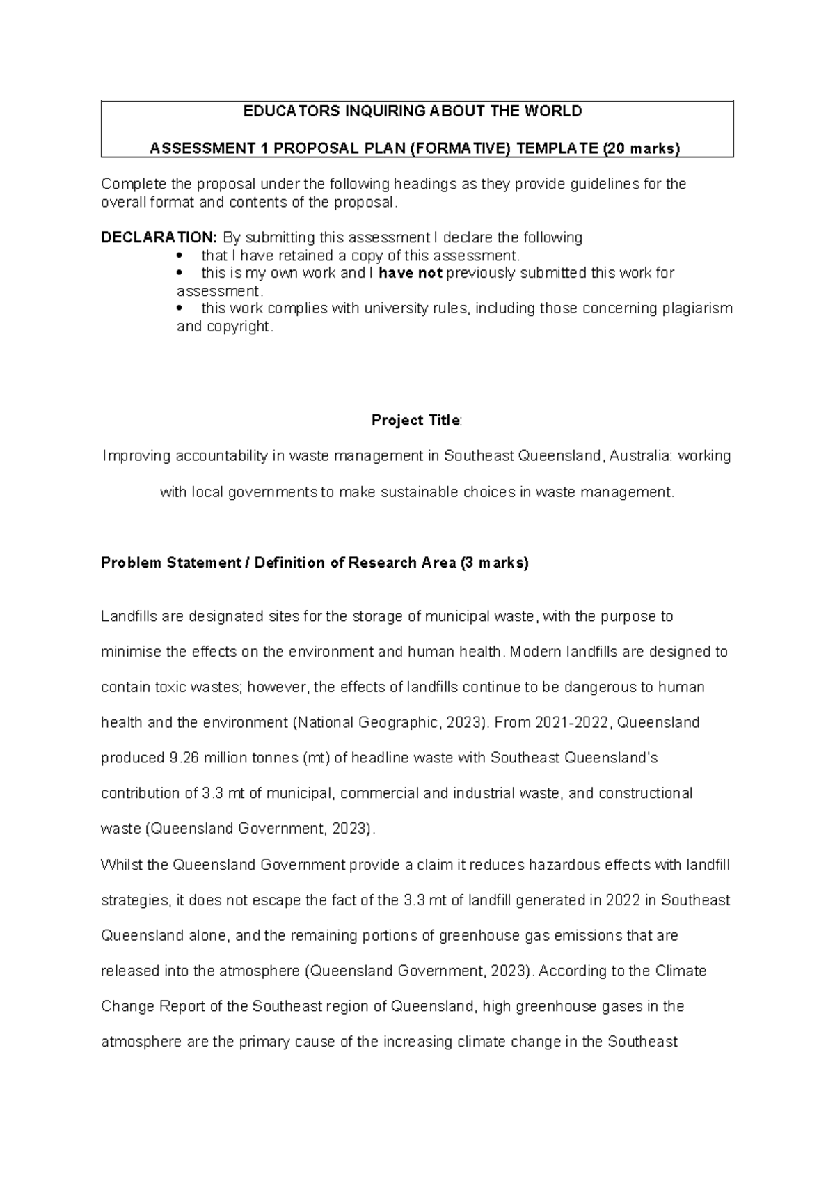 EDC175 A1 Formative Assessment Proposal: Waste Management in SE QLD ...