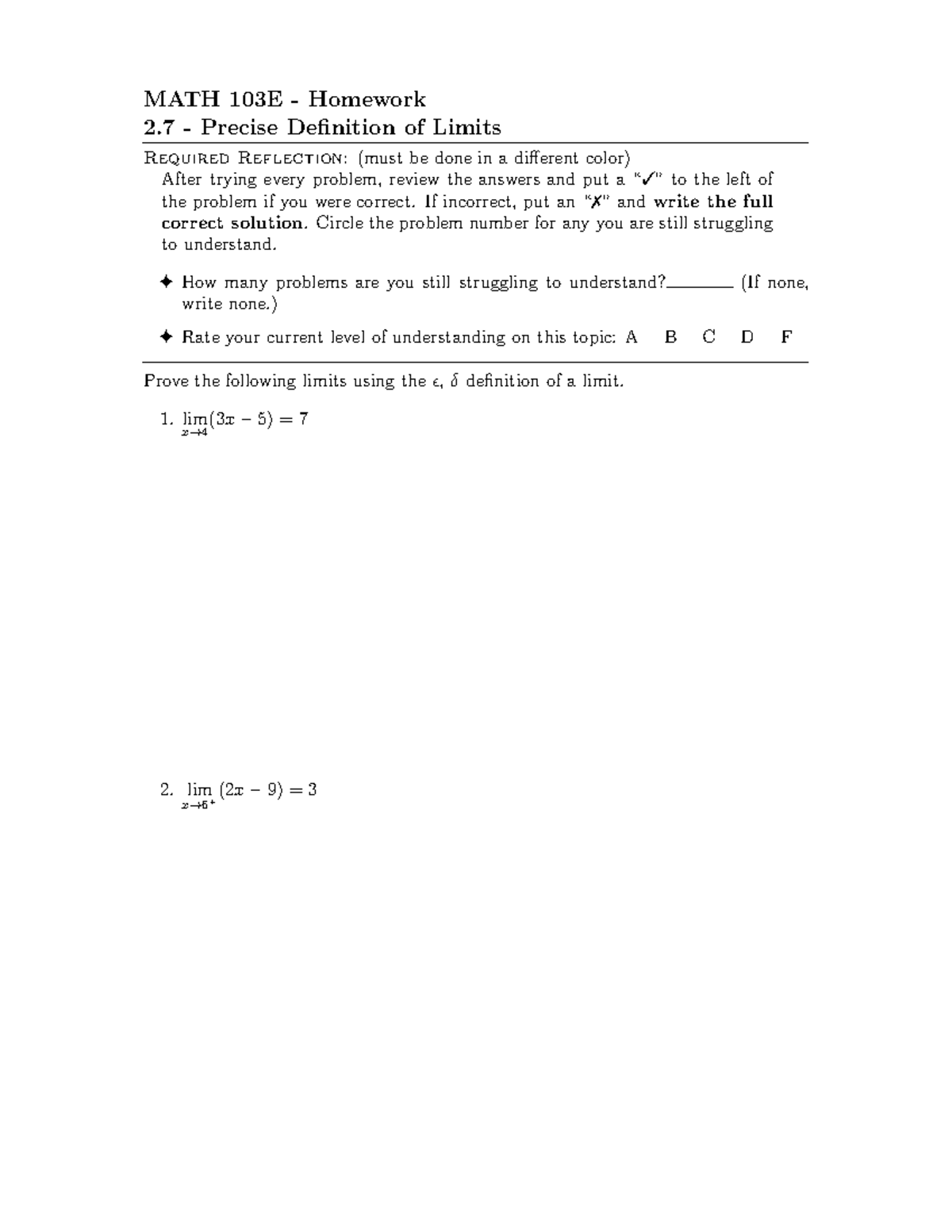 MATH 103E Homework 2.7: Understanding Limits and Solutions - Studocu