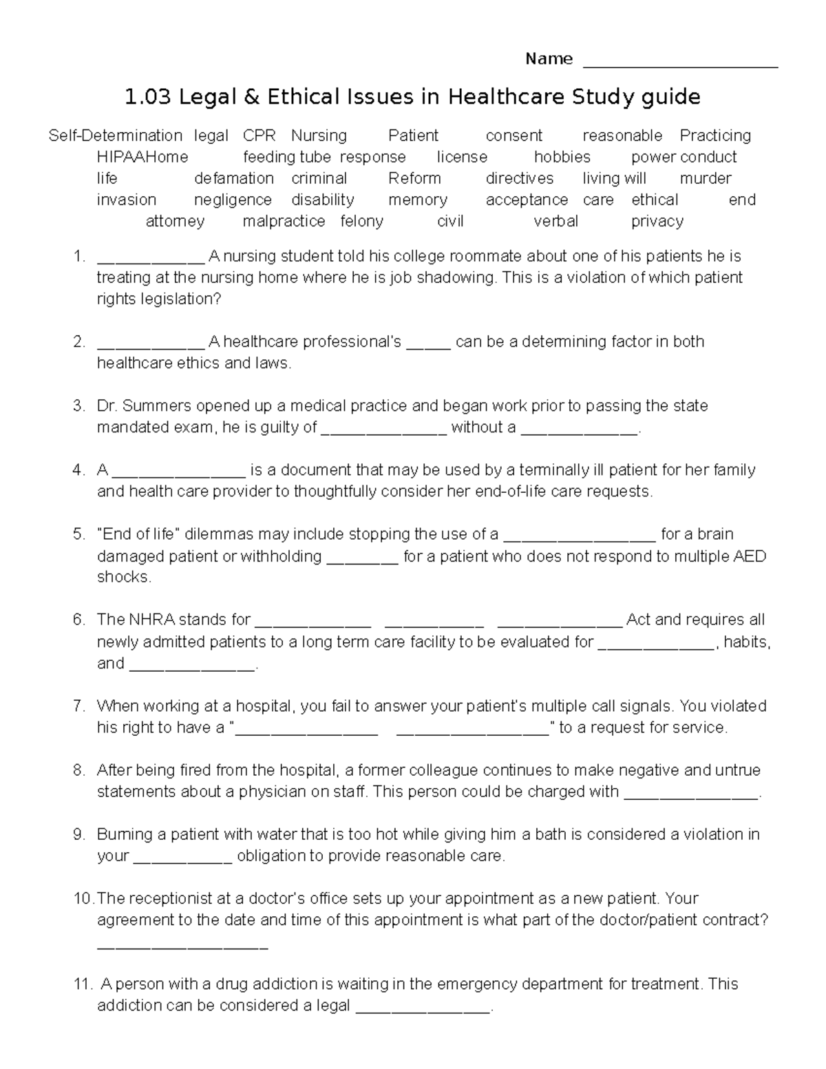 1.03 Legal & Ethical Issues in Healthcare Study Guide - Studocu