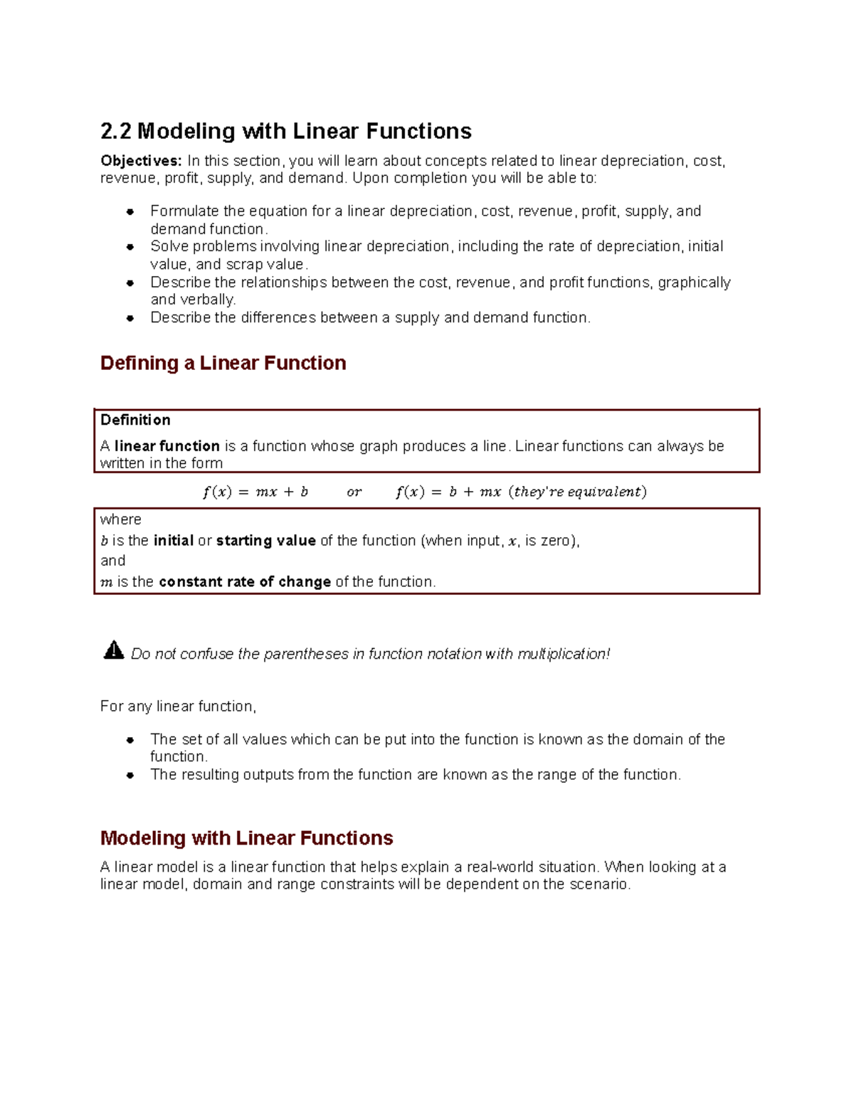Modeling Linear Functions: Depreciation, Cost, Revenue, and Demand ...