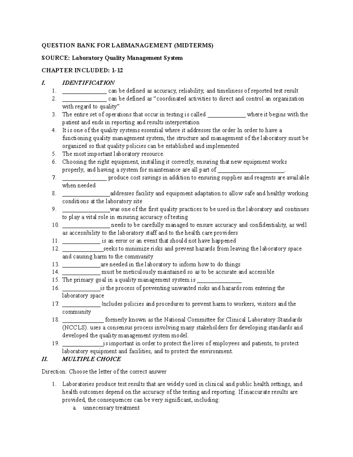 Question Bank for Lab Management (Lab 101 Midterm) - Studocu
