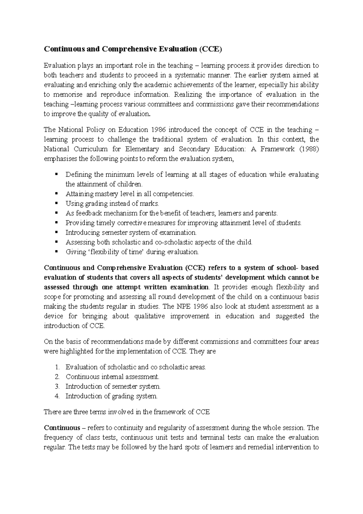 CCE - Continuous and Comprehensive Evaluation Essay Notes - Studocu