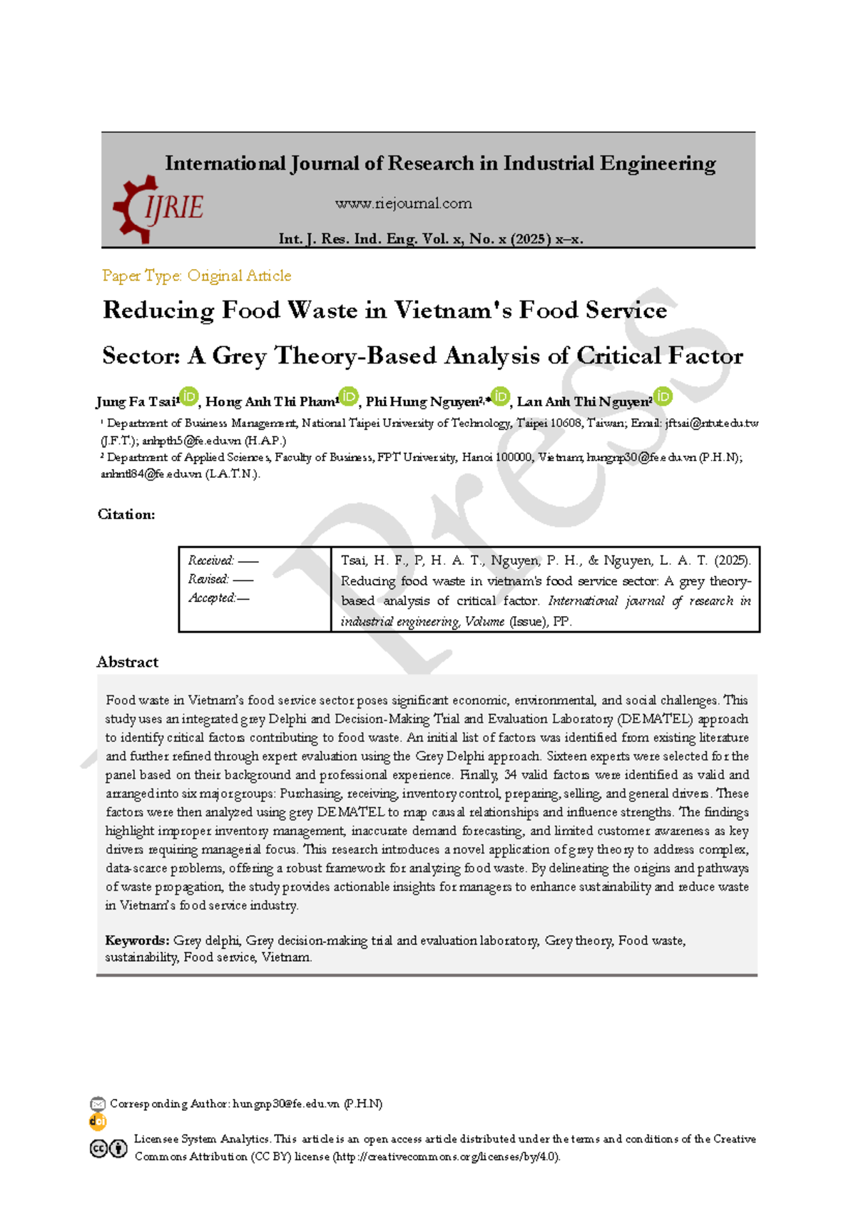 RIEJ2296: Grey Analysis of Food Waste Drivers in Food Service Sector ...