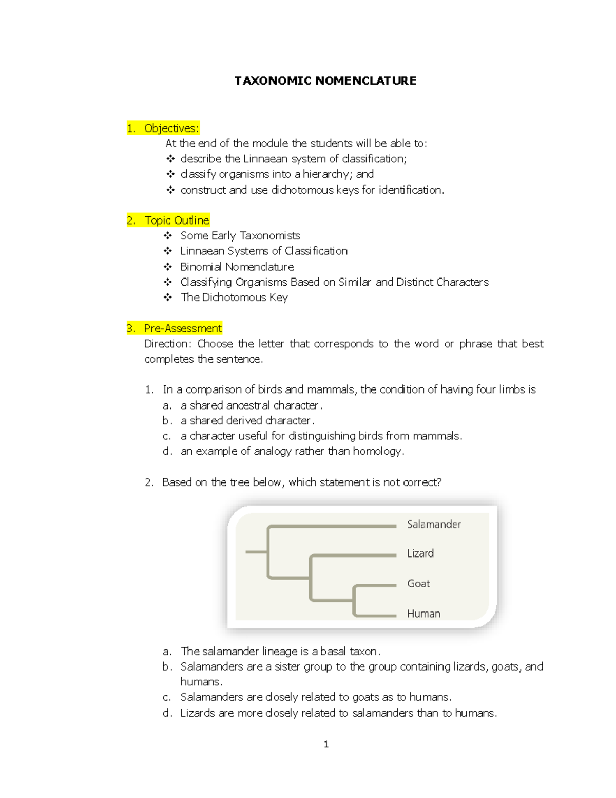 TAXONOMIC NOMENCLATURE: Linnaean Classification & Dichotomous Keys ...