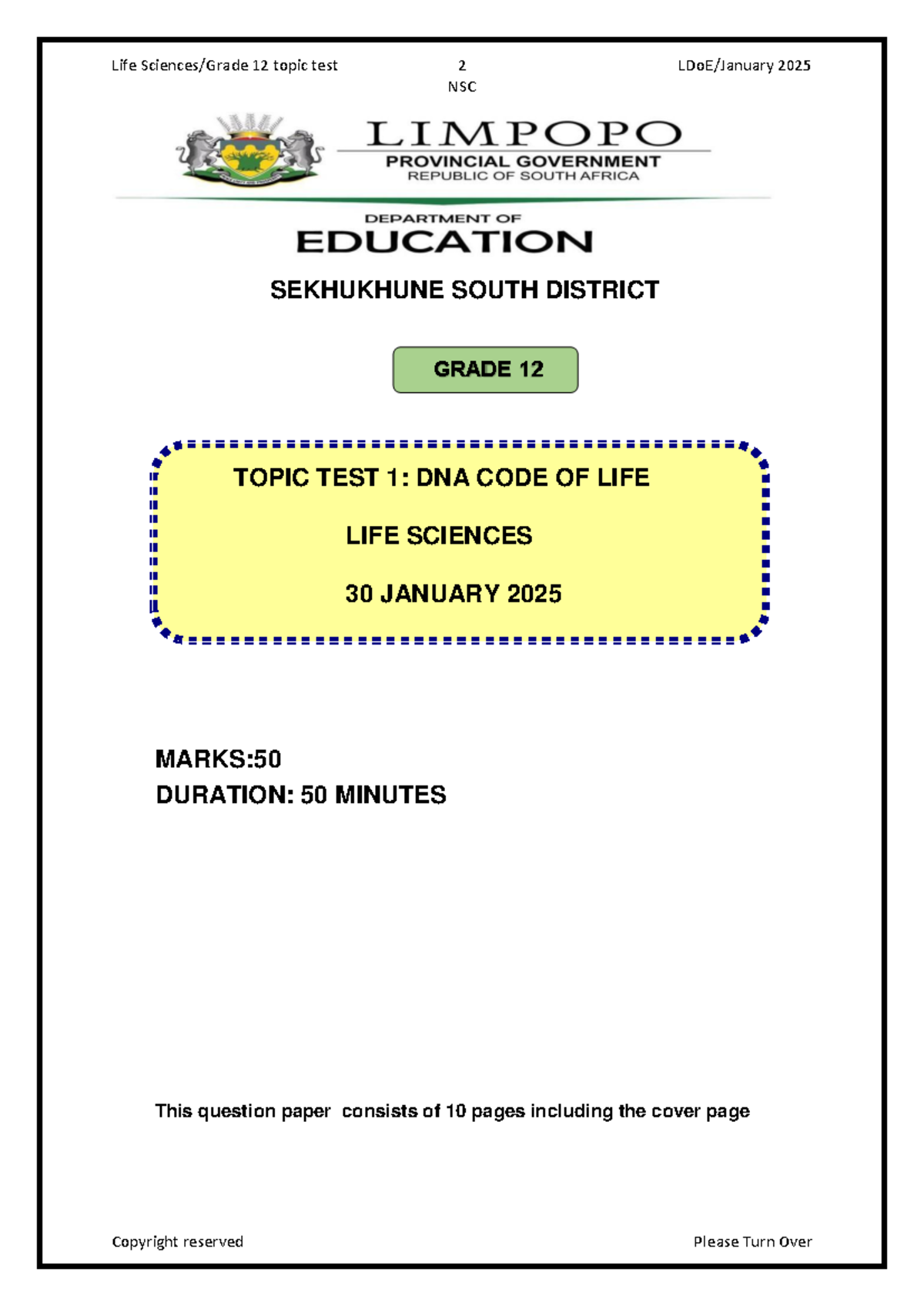 G12 LFSC (QP) Topic Test: DNA Code of Life Review (30 Jan 2025) - Studocu