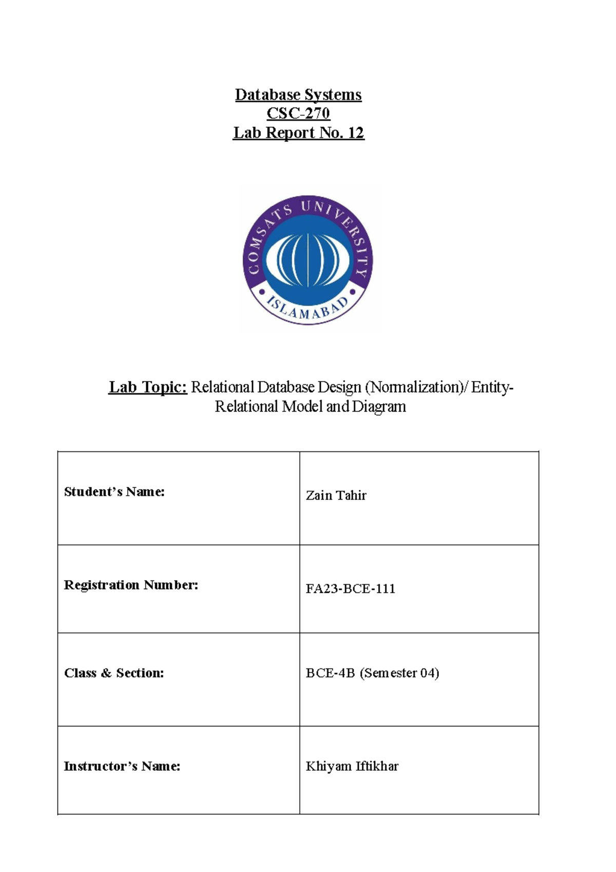 DS 12 - Lab Report on Relational Database Design and Normalization - Studocu