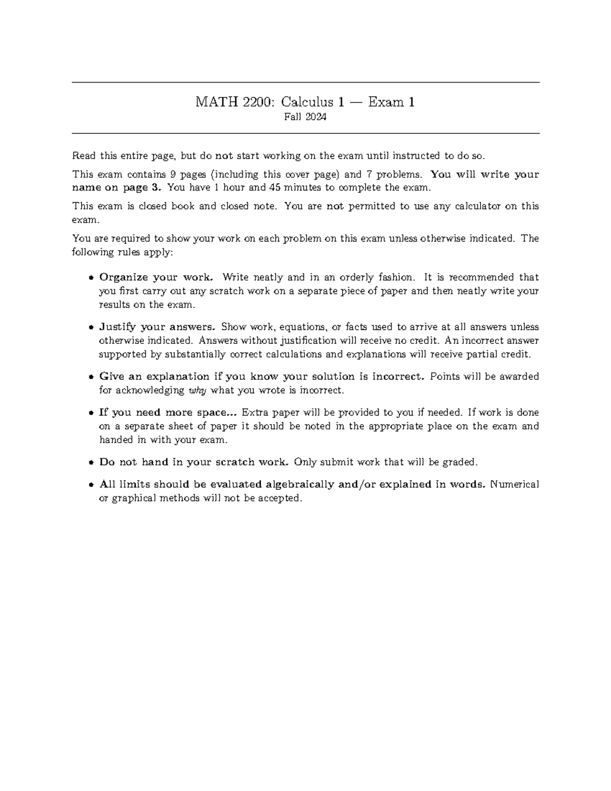 MATH 2200: Calculus 1 Exam 1 Questions & Solutions, Fall 2024 - Studocu