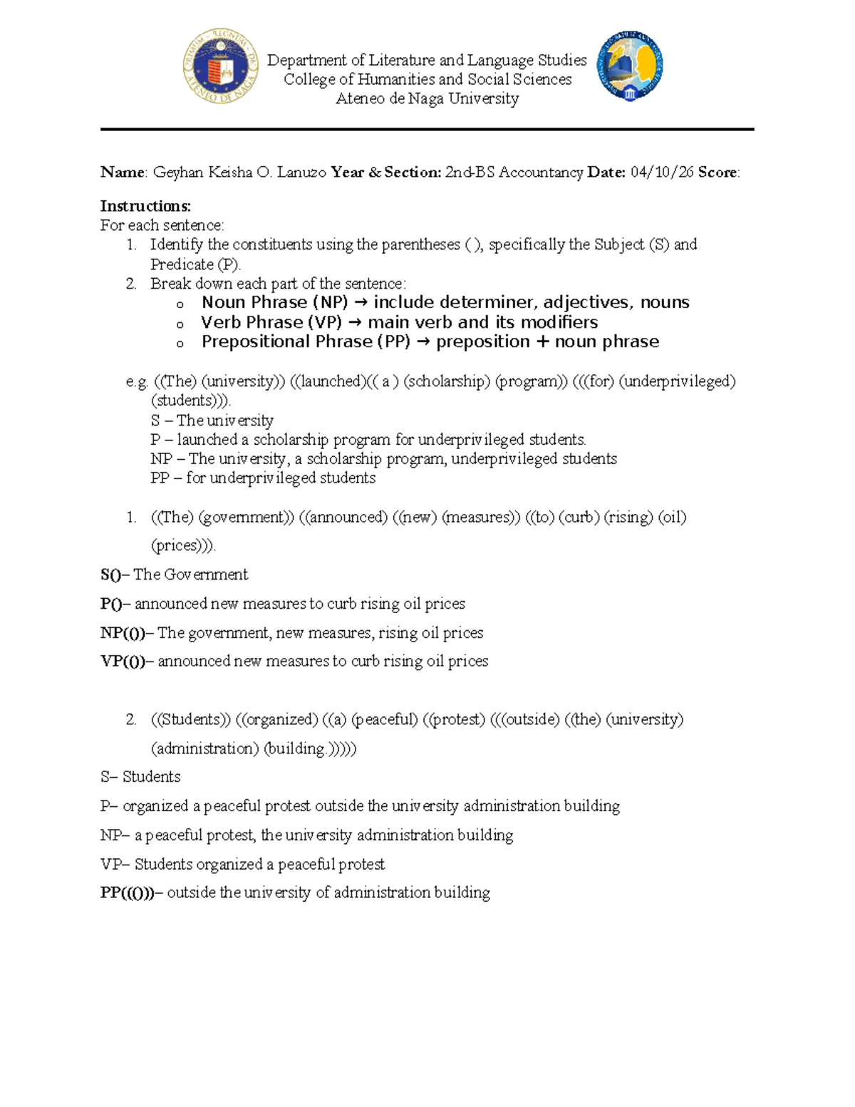 Sentence Analysis for Literature and Language Studies (LIT 101) - Studocu