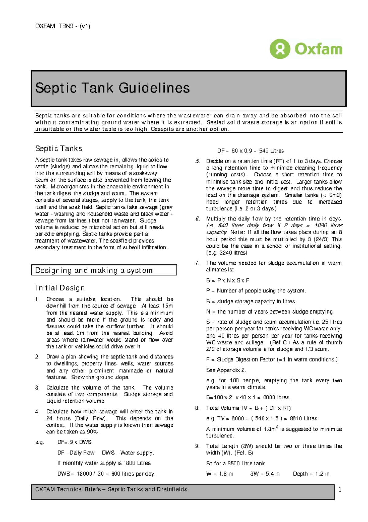 OXFAM TBN9 - Septic Tank Design and Maintenance Guidelines - Studocu